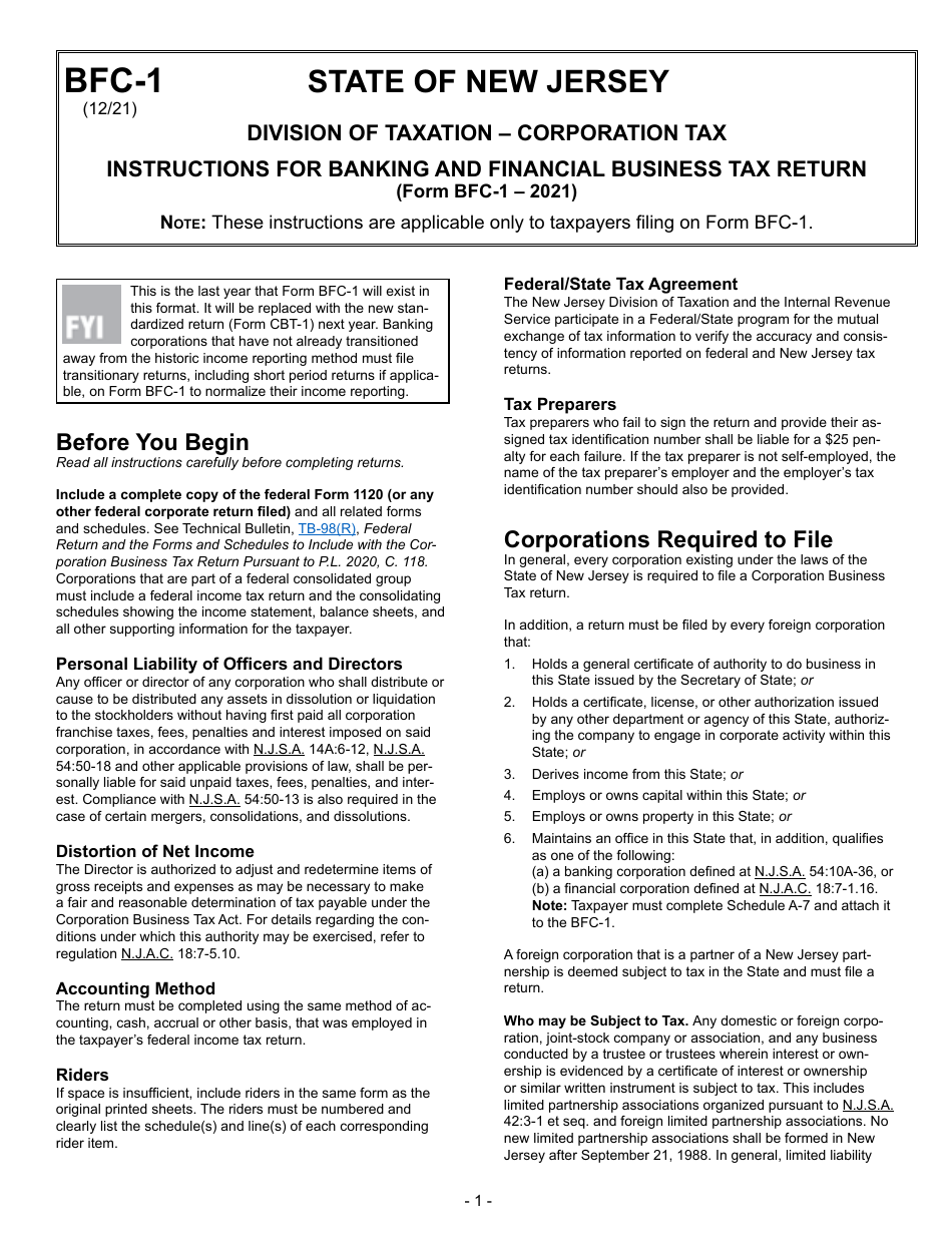 Download Instructions for Form BFC-1 Banking and Financial Business Tax ...