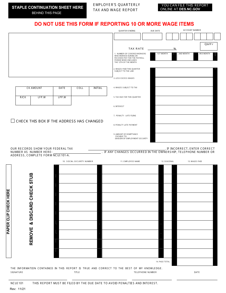Form NCUI101 Download Fillable PDF or Fill Online Employer's Quarterly ...