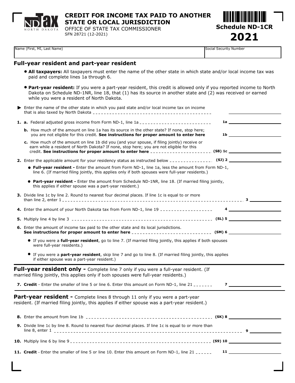 Form SFN28721 Schedule ND-1CR - 2021 - Fill Out, Sign Online and ...