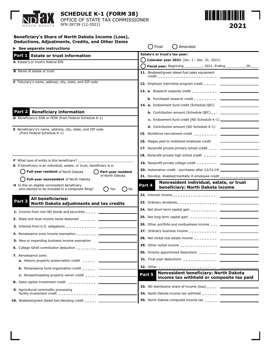 Form 38 (SFN28739) Schedule K-1 - 2021 - Fill Out, Sign Online and ...