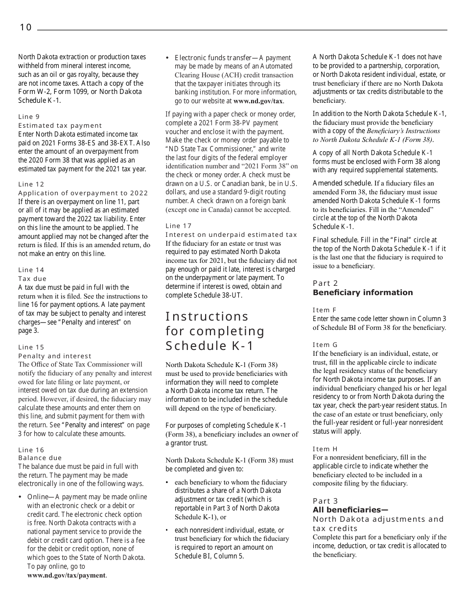 Download Instructions for Form 38, SFN28707 Fiduciary Income Tax Return PDF, 2021 | Templateroller