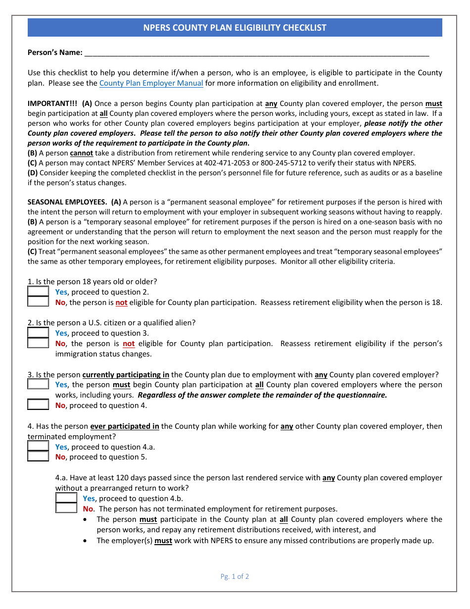 Nebraska Npers County Plan Eligibility Checklist - Fill Out, Sign ...