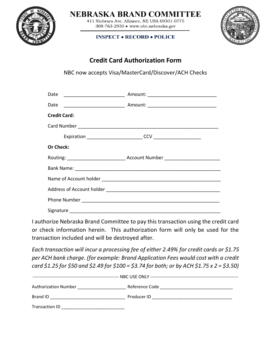 Nebraska Credit Card Authorization Form - Fill Out, Sign Online and Download PDF | Templateroller