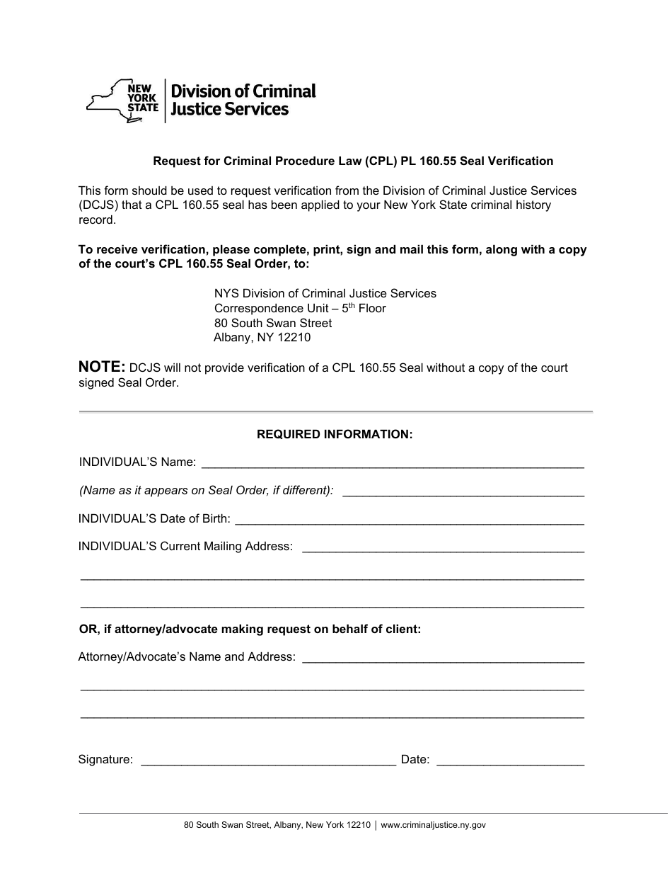 New York Request for Criminal Procedure Law (Cpl) Pl 160.55 Seal ...