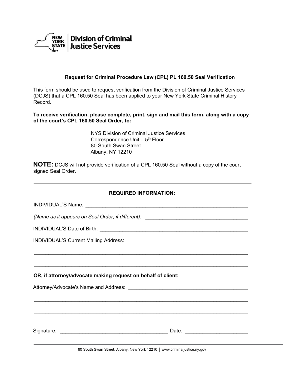 New York Request for Criminal Procedure Law (Cpl) Pl 160.50 Seal ...
