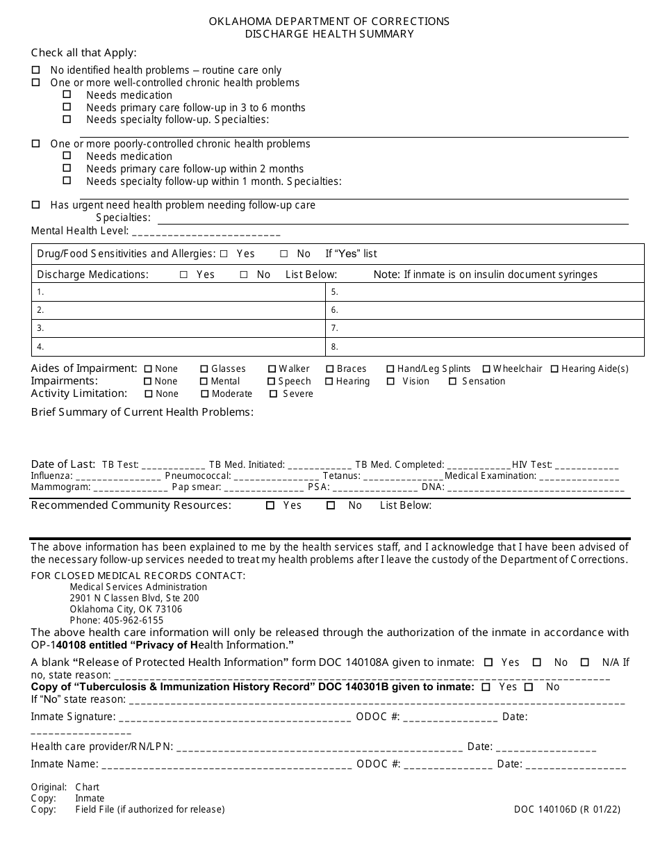 Form OP-140106D Download Printable PDF or Fill Online Discharge Health ...