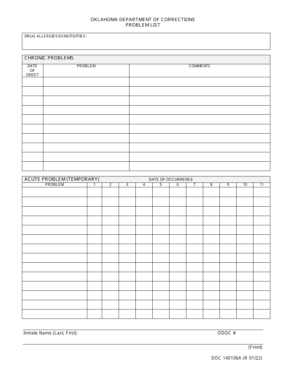 Form OP-140106A Download Printable PDF or Fill Online Problem List ...