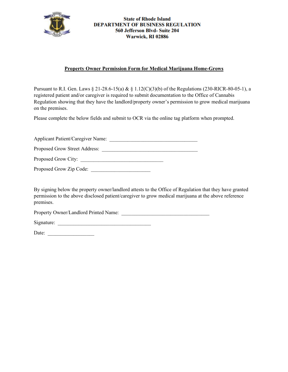 Rhode Island Property Owner Permission Form for Medical Marijuana Home ...