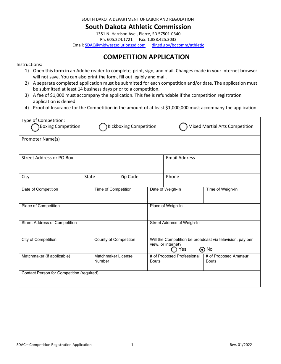 South Dakota Competition Application - Fill Out, Sign Online and ...