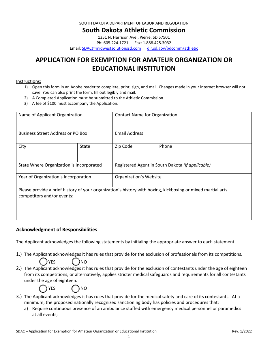 South Dakota Application for Exemption for Amateur Organization or ...