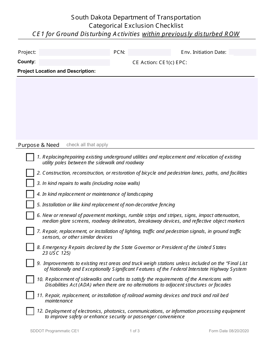 South Dakota Categorical Exclusion Checklist Ce1 for Ground Disturbing ...