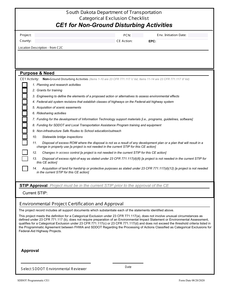 South Dakota Categorical Exclusion Checklist Ce1 for Non-ground ...