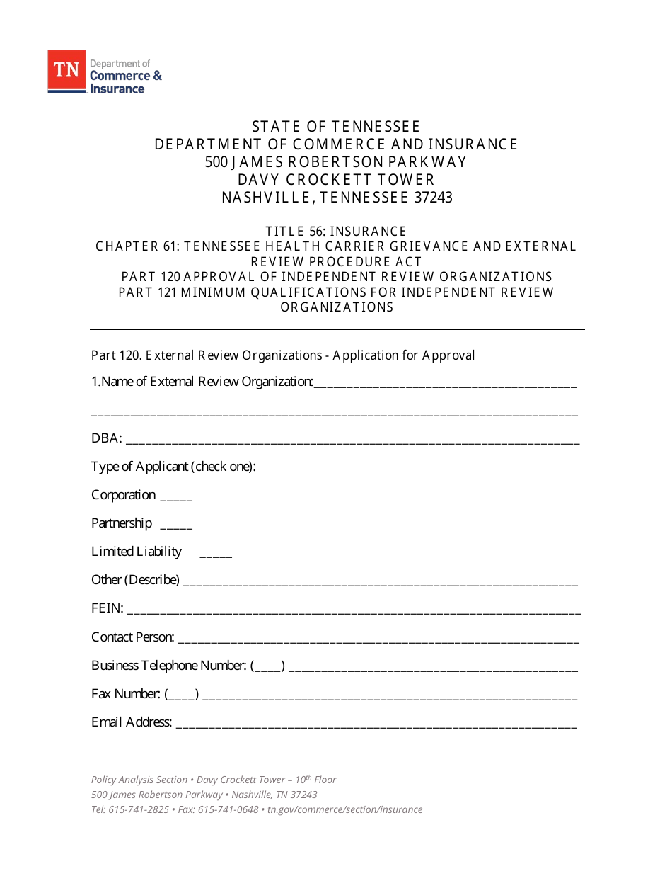 Tennessee External Review Organizations - Application for Approval ...