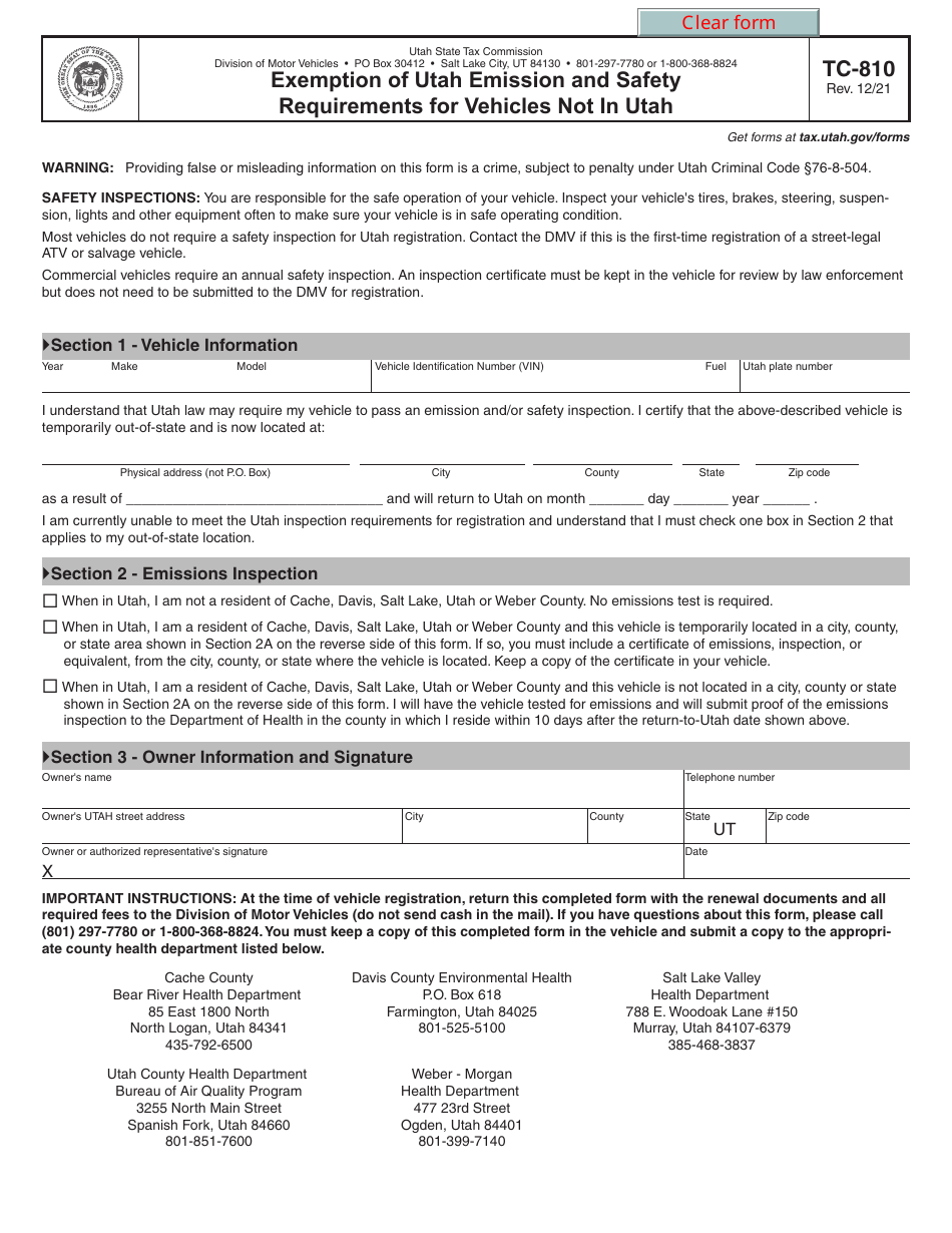 Form TC-810 Download Fillable PDF or Fill Online Exemption of Utah ...