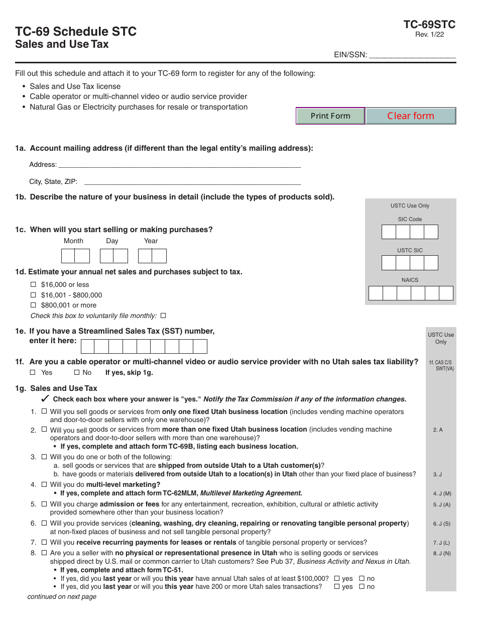 Form TC-69 Schedule STC Download Fillable PDF or Fill Online Sales and Use Tax, Utah ...