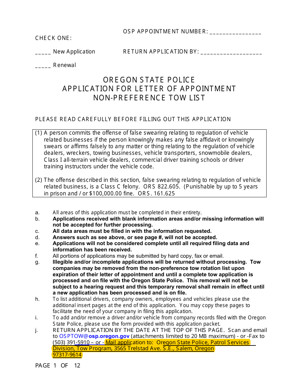 Oregon Application for Letter of Appointment Non-preference Tow List ...