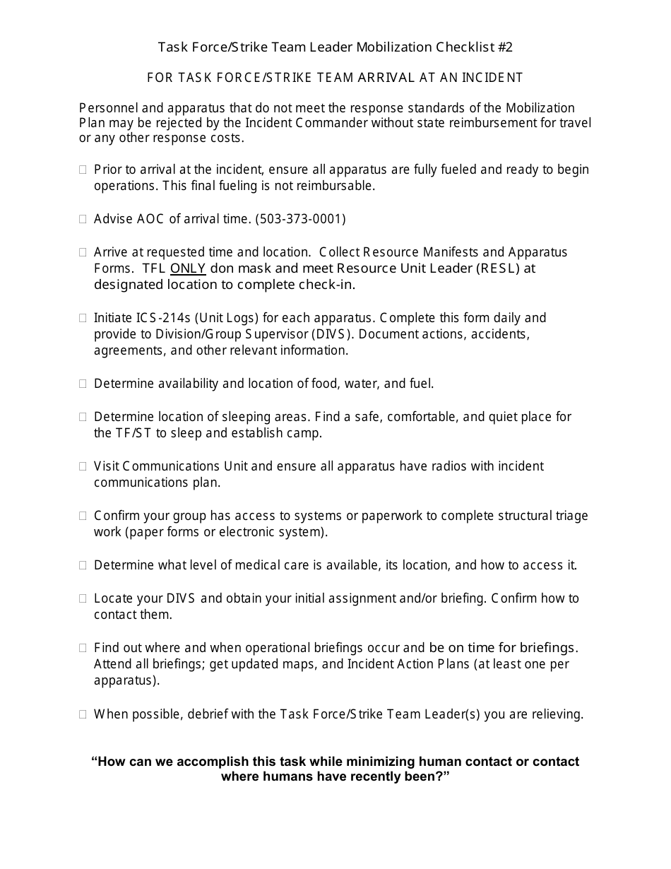 Oregon Task Force/Strike Team Leader Mobilization Checklist #2 for Task Force/Strike Team ...