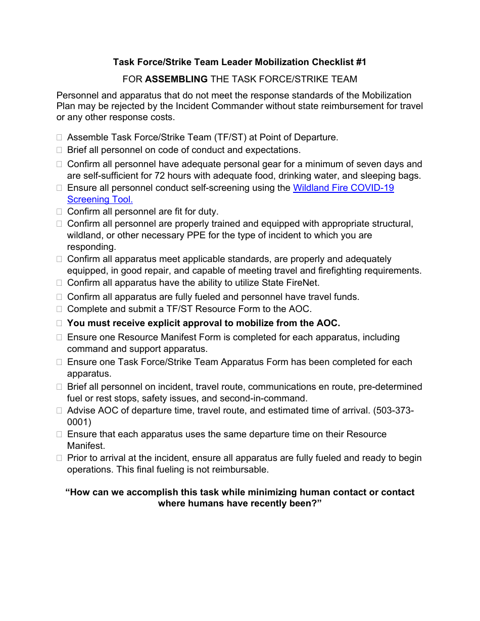Oregon Task Force/Strike Team Leader Mobilization Checklist #1 for ...