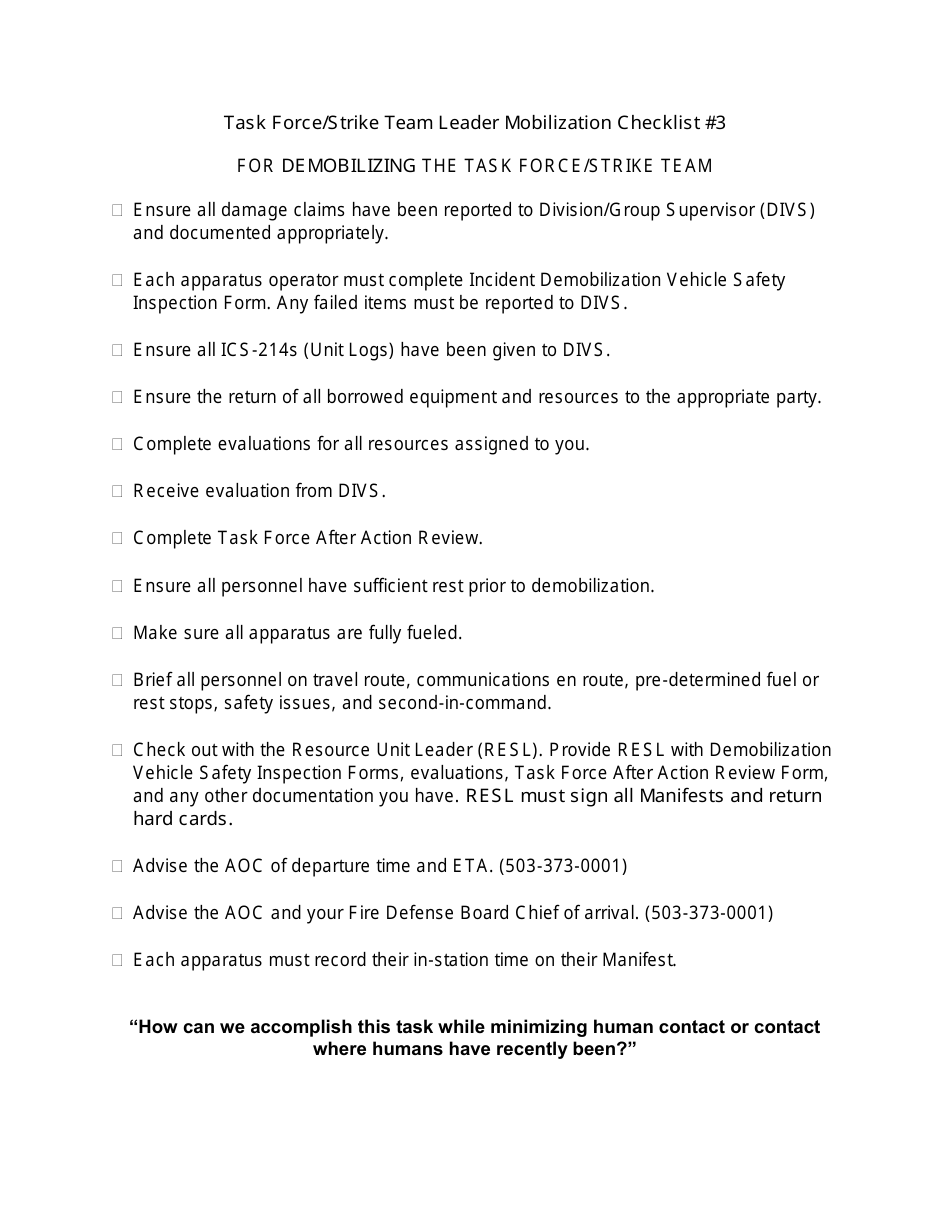Oregon Task Force/Strike Team Leader Mobilization Checklist #3 for ...