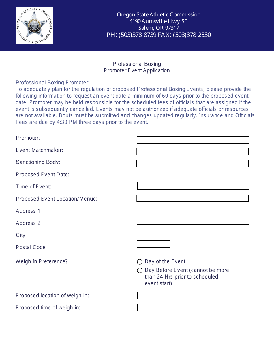 Oregon Professional Boxing Promoter Event Application - Fill Out, Sign ...