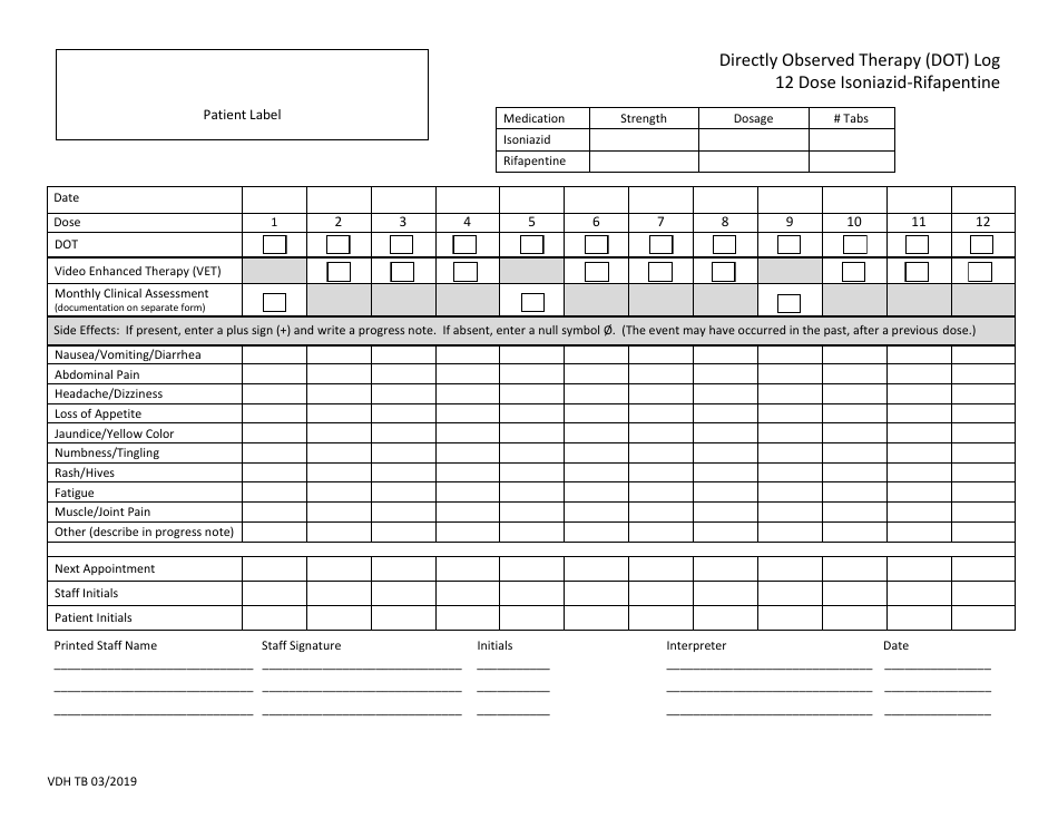 Virginia Directly Observed Therapy (Dot) Log - 12 Dose Isoniazid ...