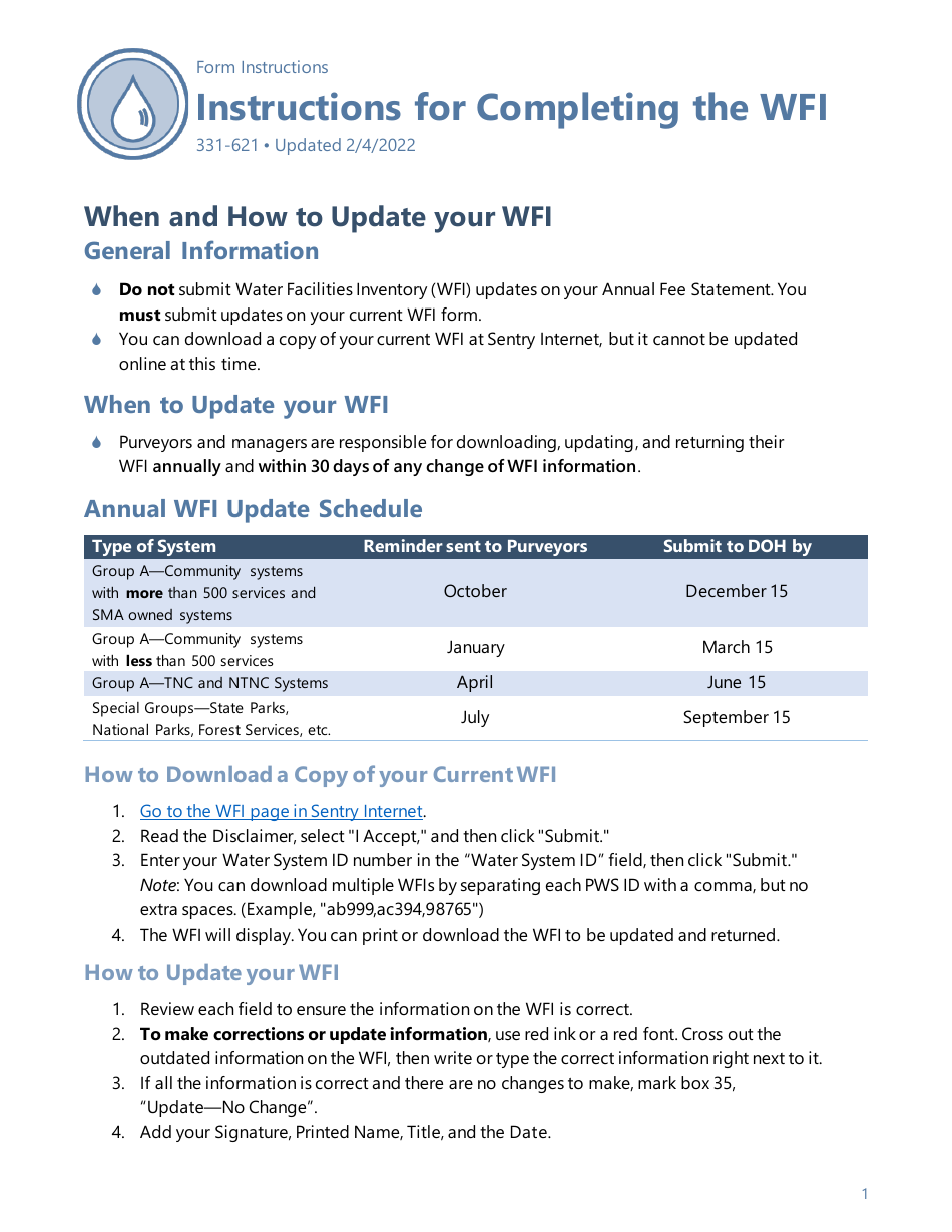 Download Instructions for DOH Form 331-621 Water Facilities Inventory (Wfi) PDF | Templateroller