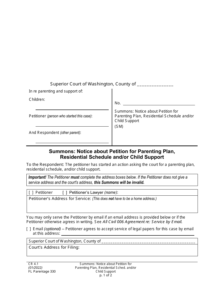 Form FL Parentage330 Download Printable PDF or Fill Online Summons: Notice About Petition for ...