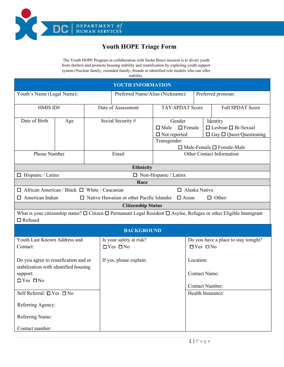 Washington, D.C. Youth Hope Triage Form - Fill Out, Sign Online and ...