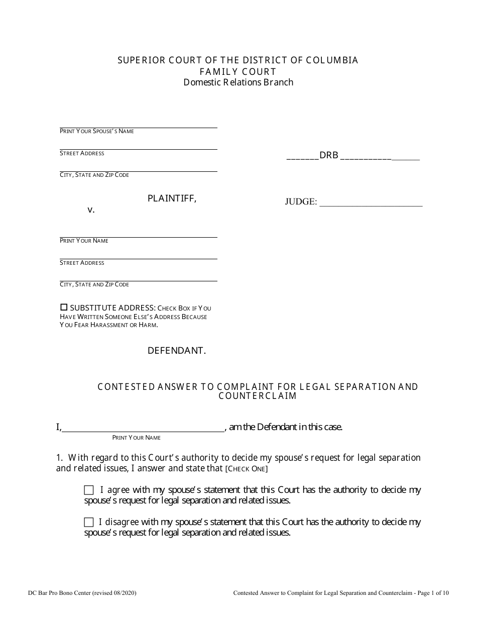 Washington, D.C. Contested Answer to Complaint for Legal Separation and ...
