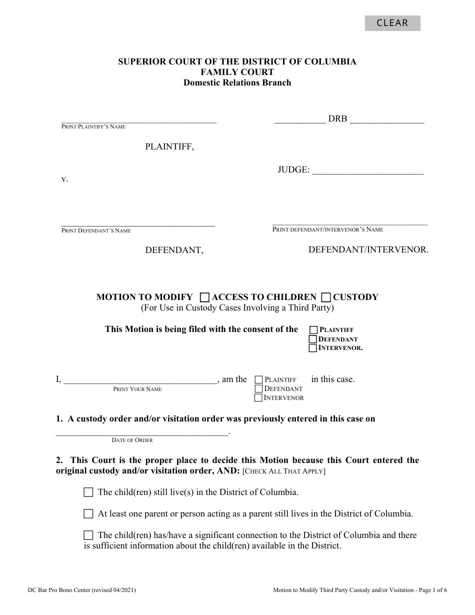 Washington, D.C. Motion to Modify Third Party Custody and/or Visitation ...