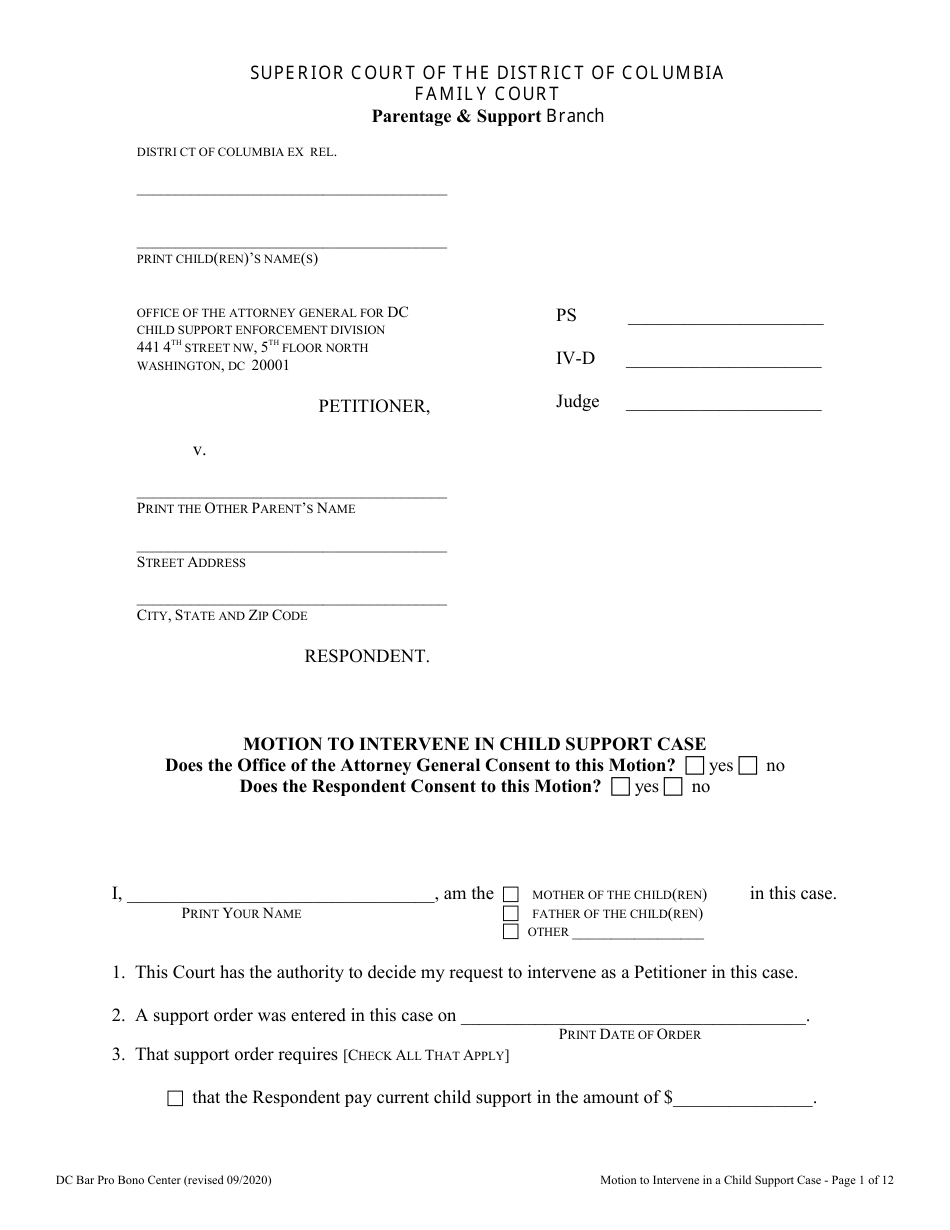 Washington, D.C. Motion to Intervene in a Child Support Case - Fill Out ...