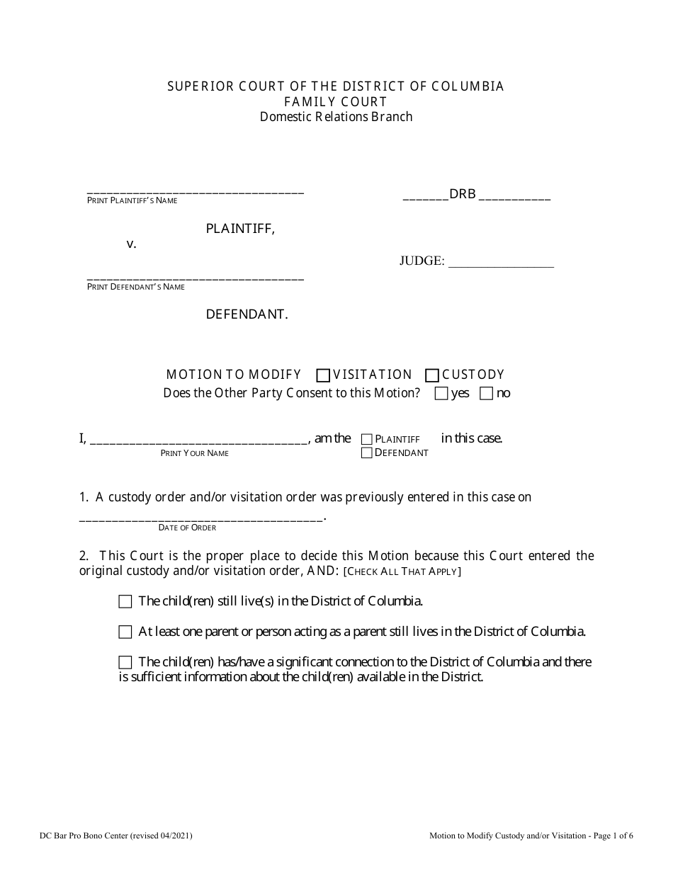 Washington, D.C. Motion to Modify Visitation/Custody - Fill Out, Sign ...