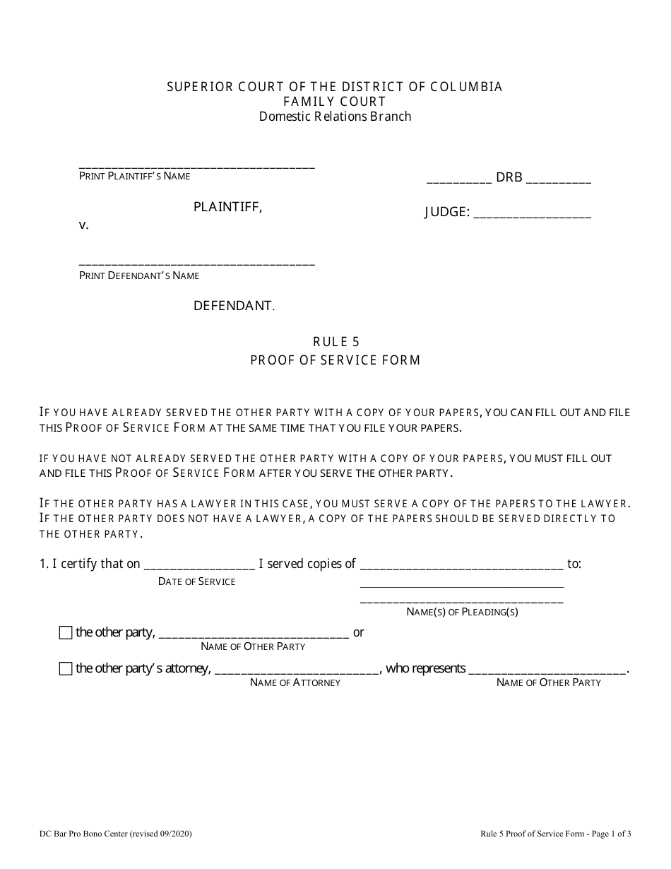 Washington, D.C. Rule 5 Proof of Service Form - Fill Out, Sign Online ...