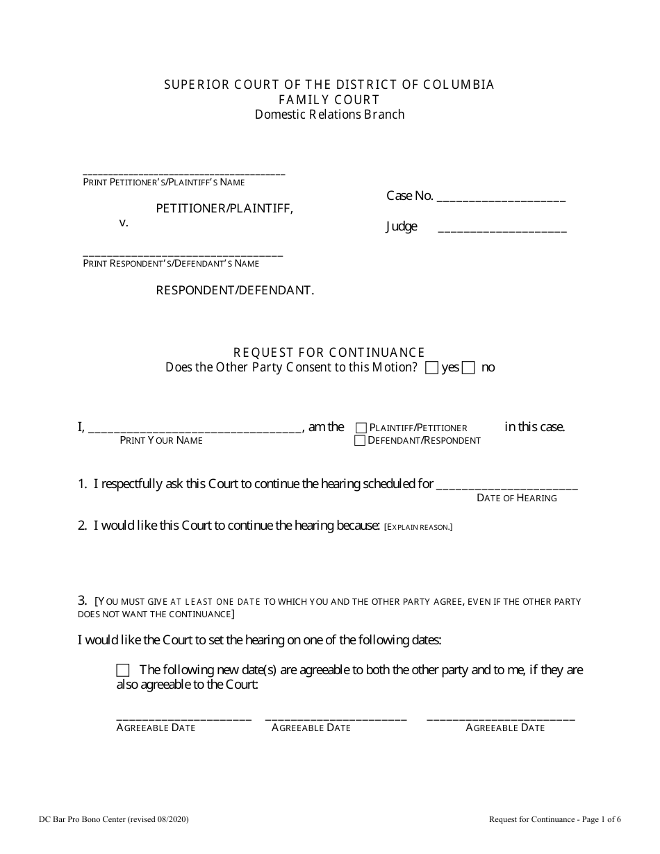 Washington, D.C. Request for Continuance - Fill Out, Sign Online and Download PDF | Templateroller