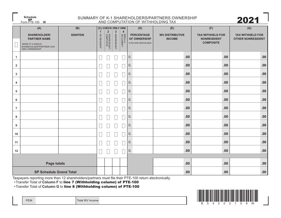 Form PTE-100 Schedule SP - 2021 - Fill Out, Sign Online and Download ...