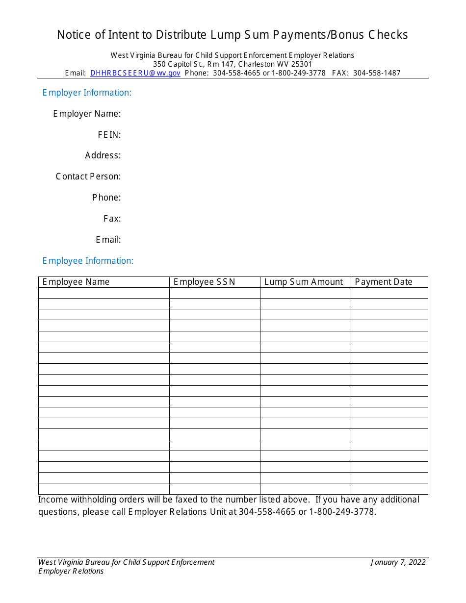 West Virginia Notice of Intent to Distribute Lump Sum Payments/Bonus Checks - Fill Out, Sign ...