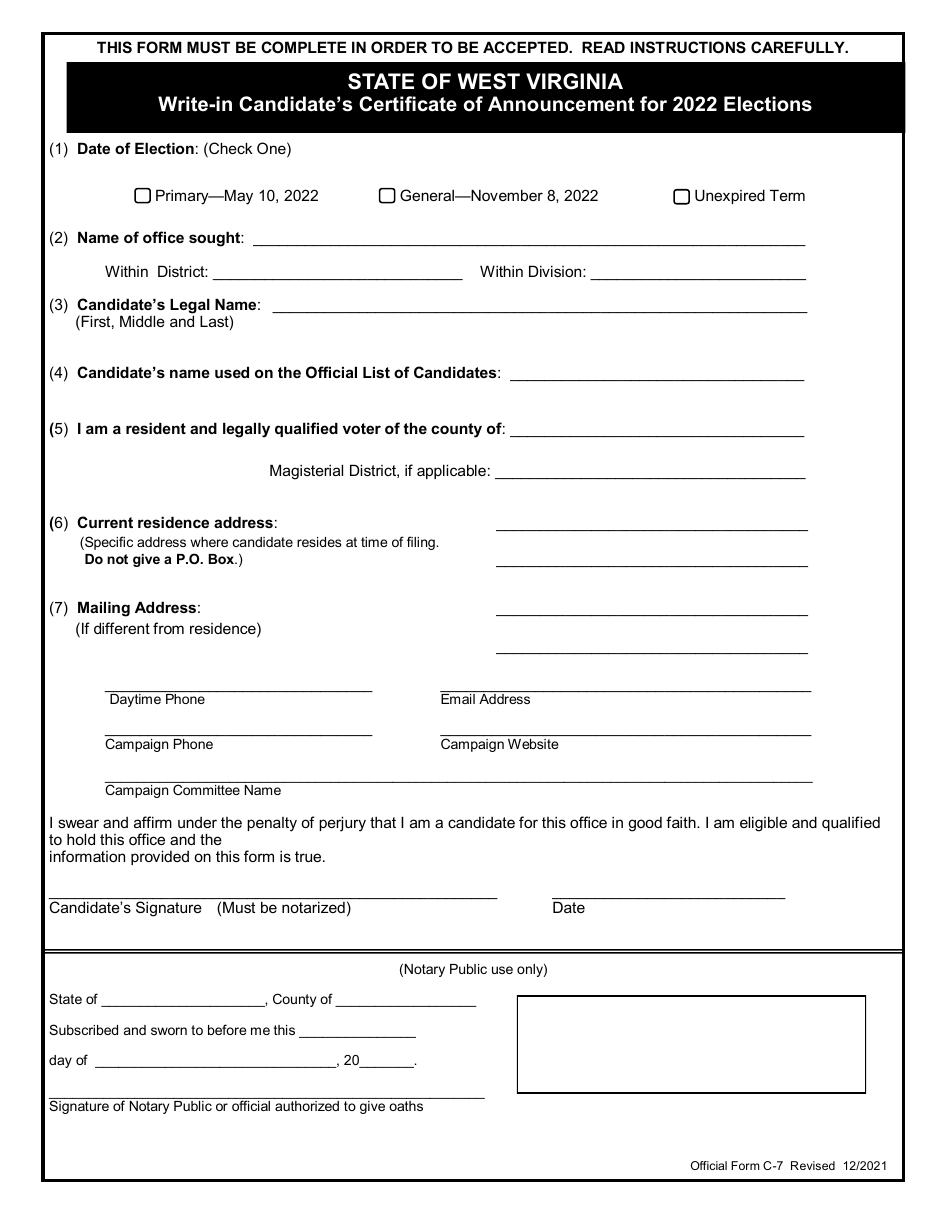 Official Form C-7 Download Printable PDF or Fill Online Write-In ...