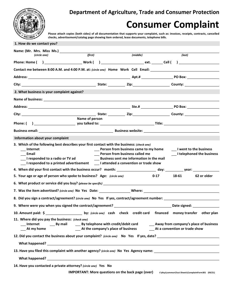 Form 301 - Fill Out, Sign Online and Download Printable PDF, Wisconsin ...