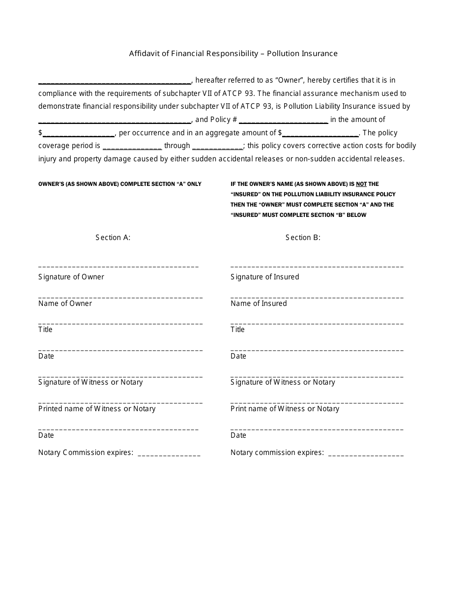 Wisconsin Affidavit of Financial Responsibility - Pollution Insurance ...