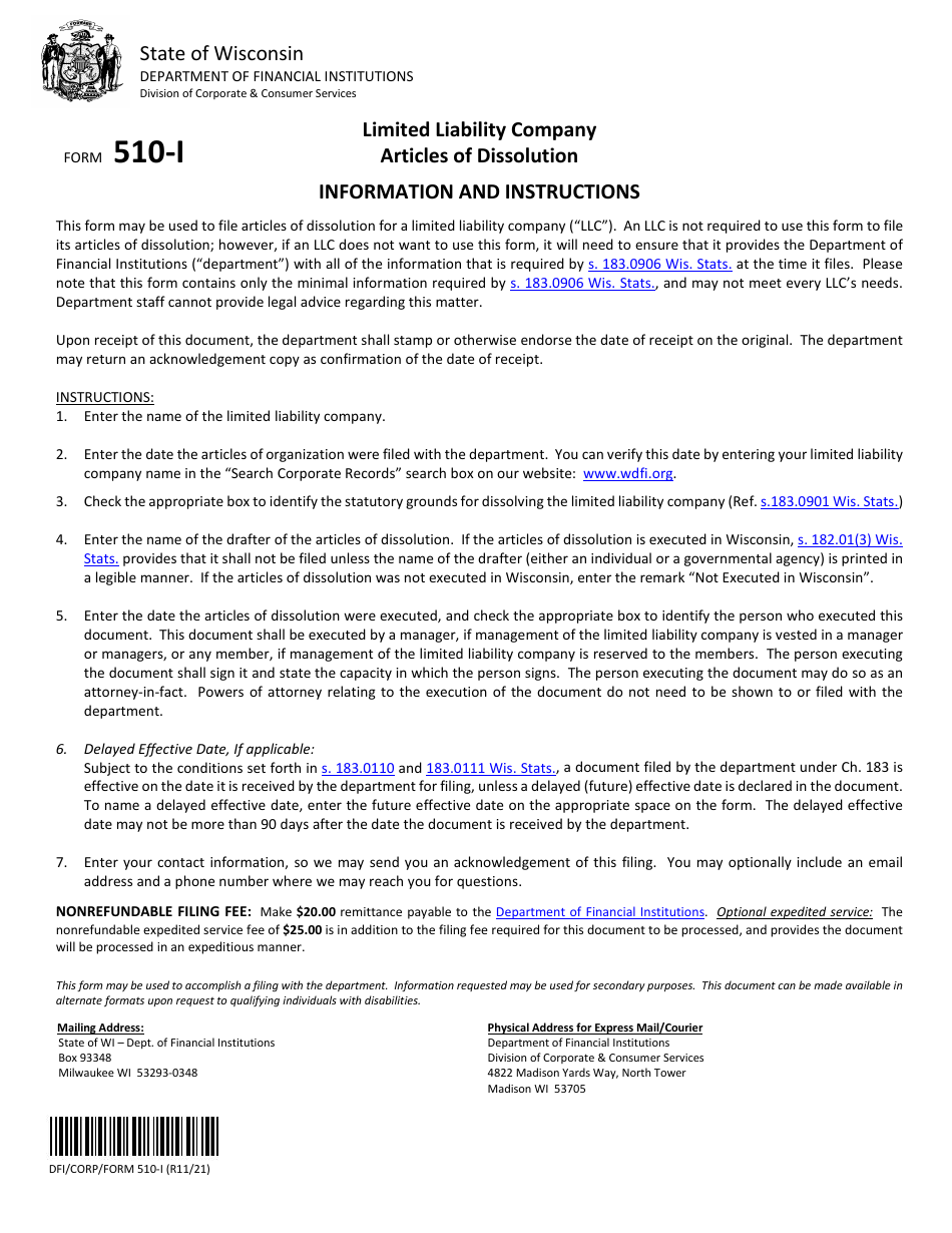 Download Instructions for Form DFI/CORP/510 Articles of Dissolution ...
