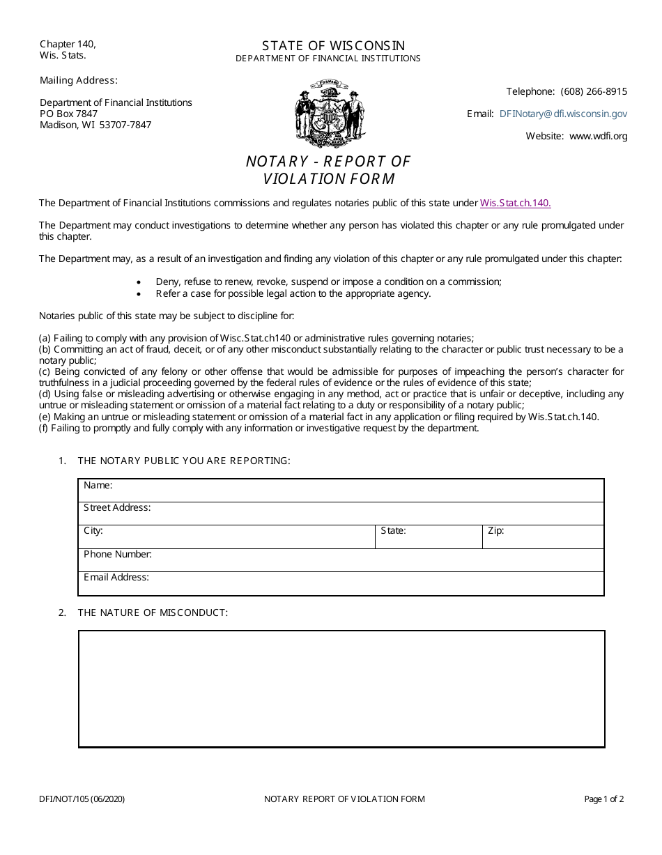 Form DFI/NOT/105 - Fill Out, Sign Online and Download Fillable PDF, Wisconsin | Templateroller