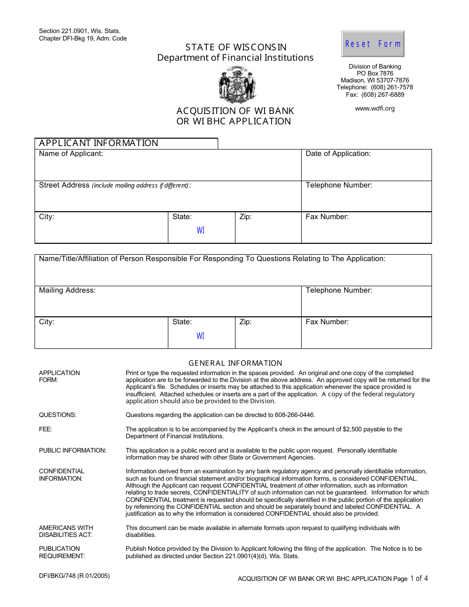 Form DFI/BKG/748 - Fill Out, Sign Online and Download Fillable PDF ...