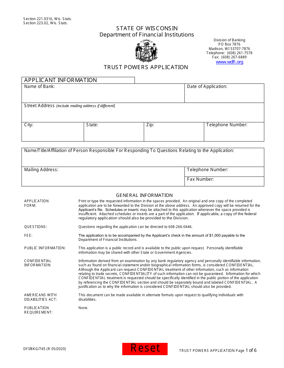 Form DFI/BKG/745 - Fill Out, Sign Online and Download Fillable PDF, Wisconsin | Templateroller