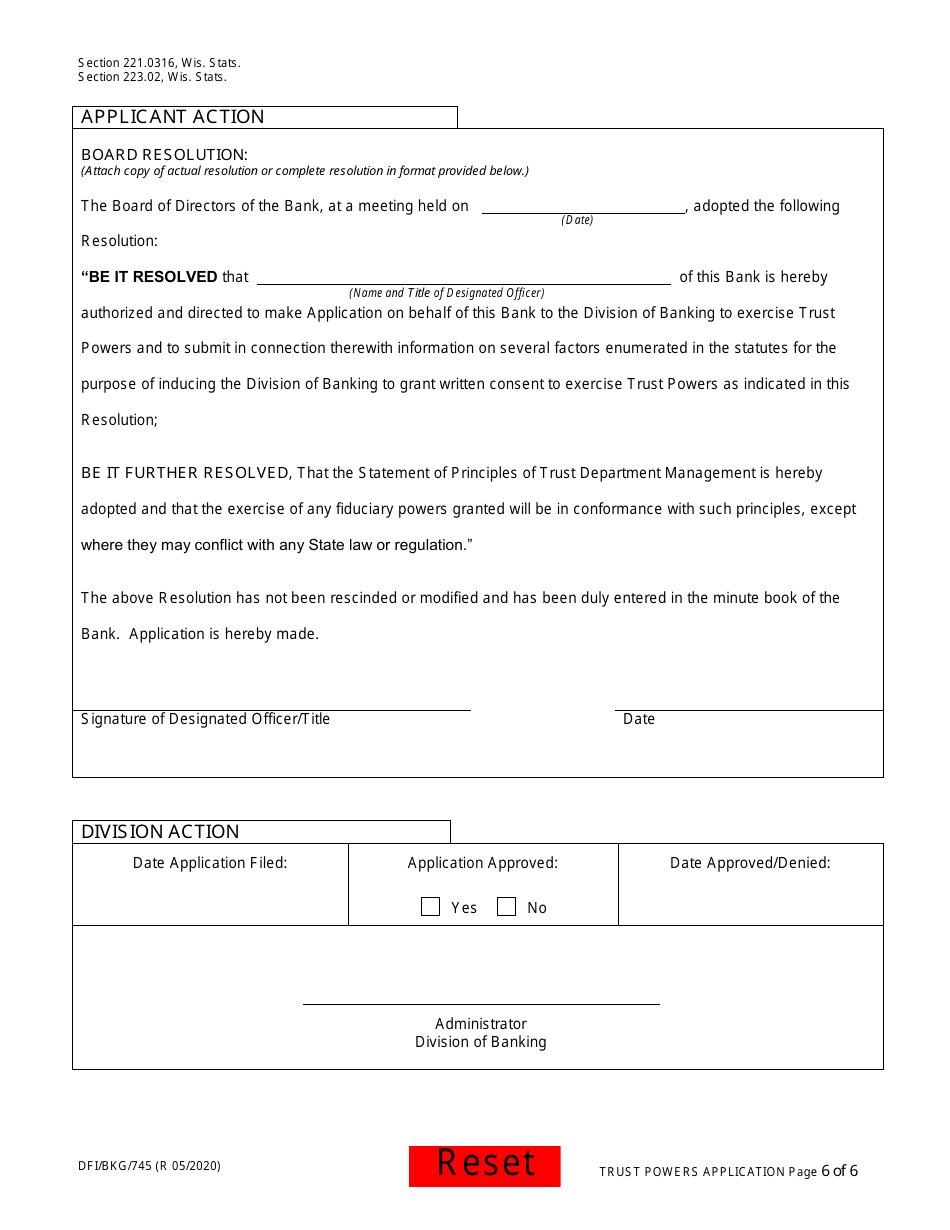 Form DFI/BKG/745 - Fill Out, Sign Online and Download Fillable PDF, Wisconsin | Templateroller