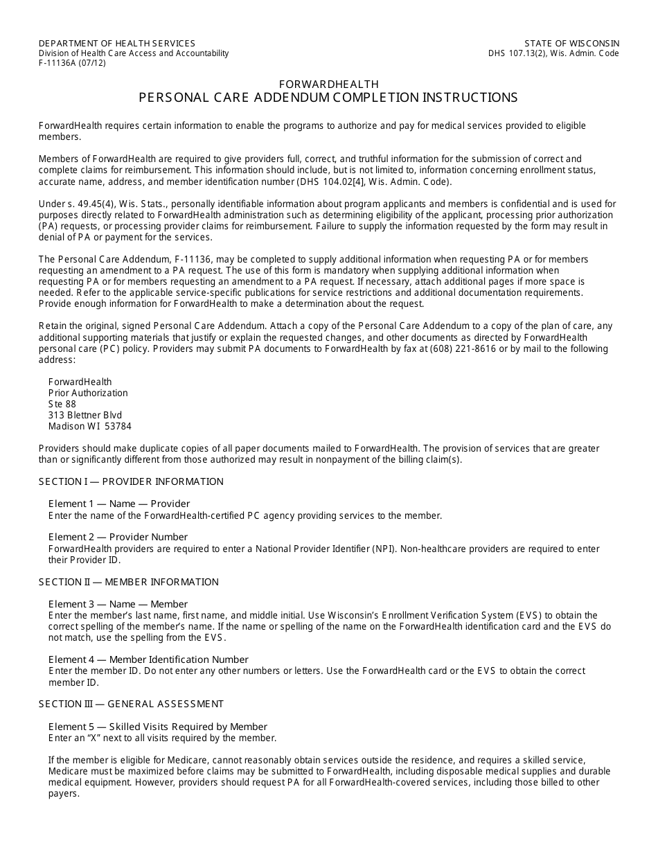 Download Instructions for Form F-11136 Personal Care Addendum PDF ...