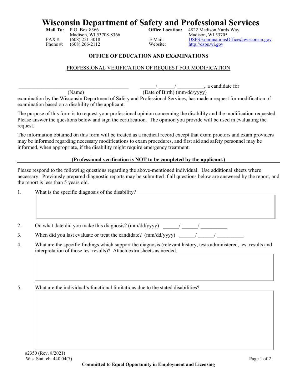 Form 2350 - Fill Out, Sign Online and Download Fillable PDF, Wisconsin ...