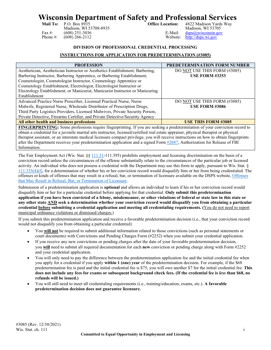 Form 3085 - Fill Out, Sign Online and Download Fillable PDF, Wisconsin ...