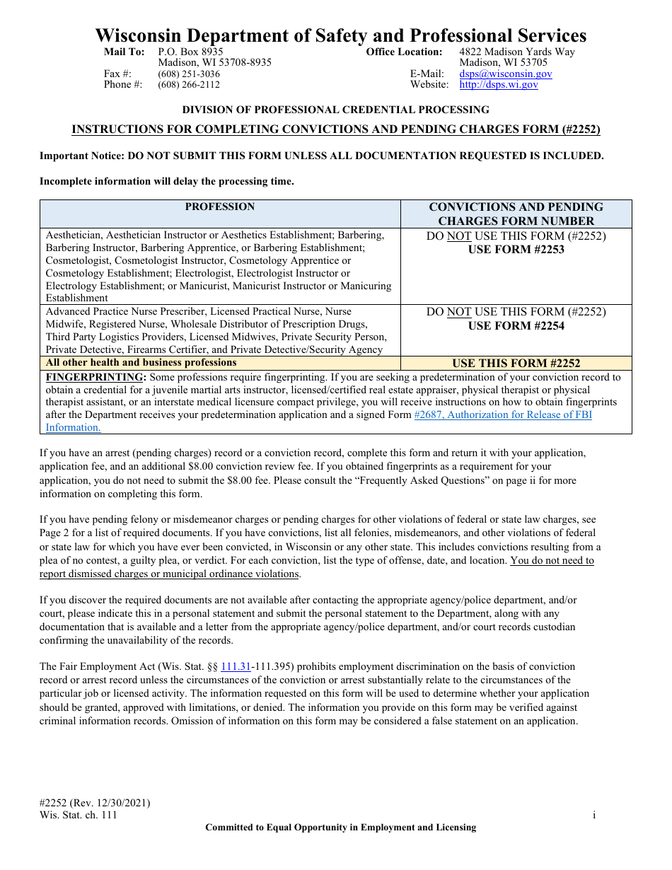 Form 2252 Download Fillable PDF or Fill Online Convictions and Pending ...