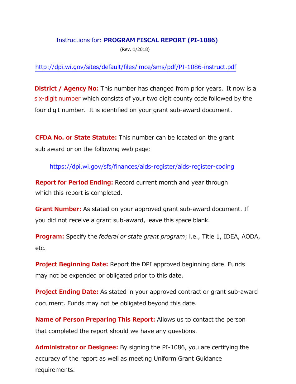 Download Instructions for Form PI-1086 Program Fiscal Report PDF ...