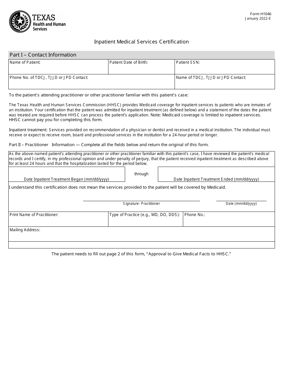 Form H1046 - Fill Out, Sign Online and Download Fillable PDF, Texas ...